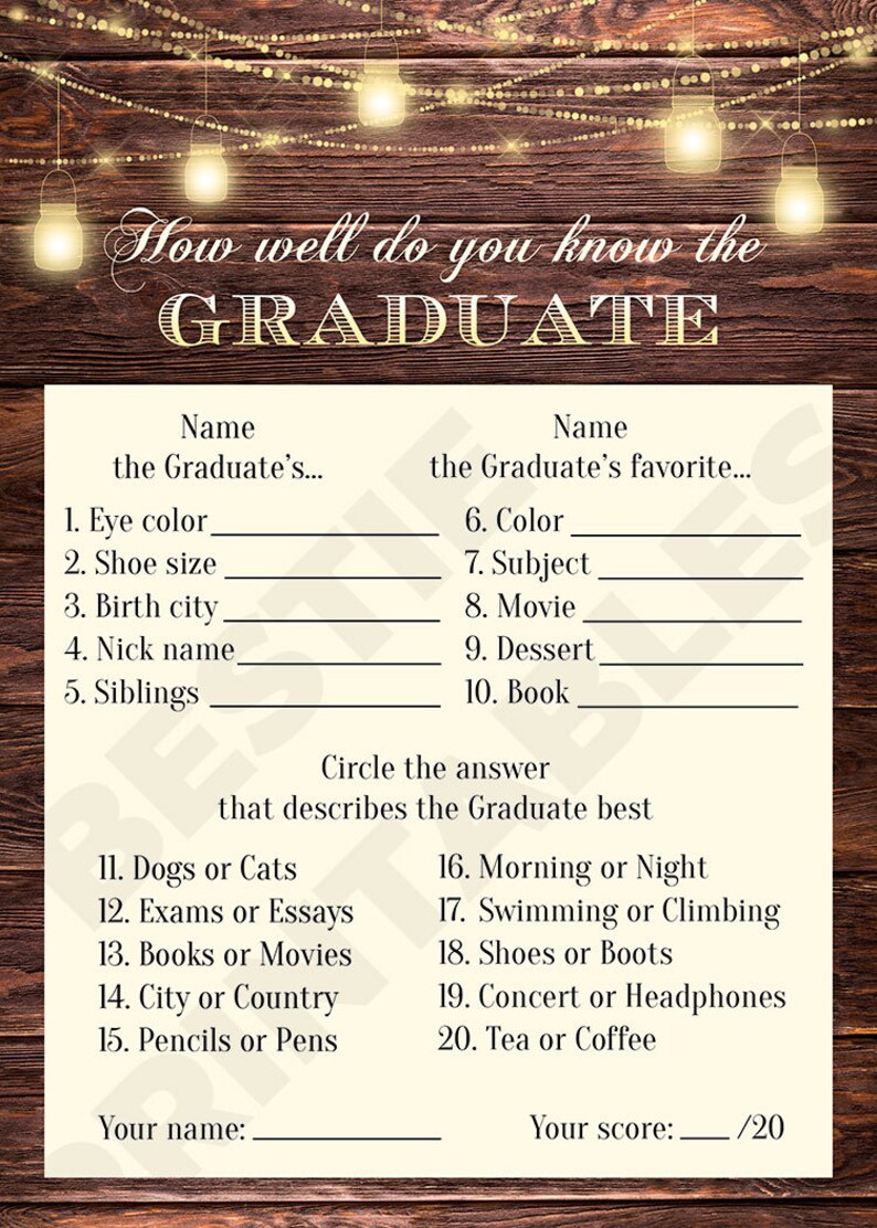 Rustic Graduation Game Cards Printable Graduation Party Game - Etsy
