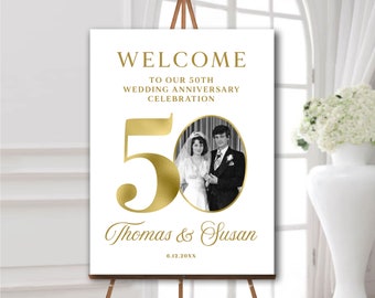 Photo Anniversary Welcome Sign, 50th Wedding Anniversary Poster, Golden ...