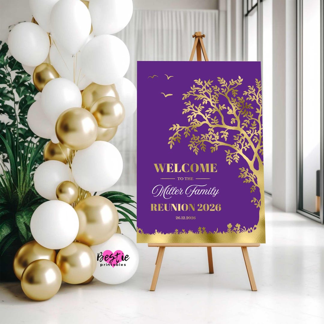 Purple Family Reunion Welcome Sign, Gold Tree Design (printed or ...