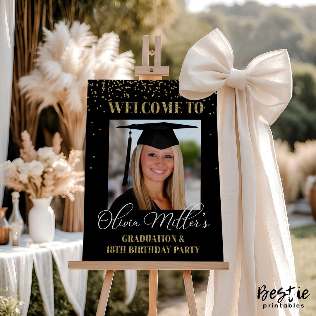 Graduation and 18th Birthday Party Welcome Sign With Photo, Combined Party, Black and Gold ...