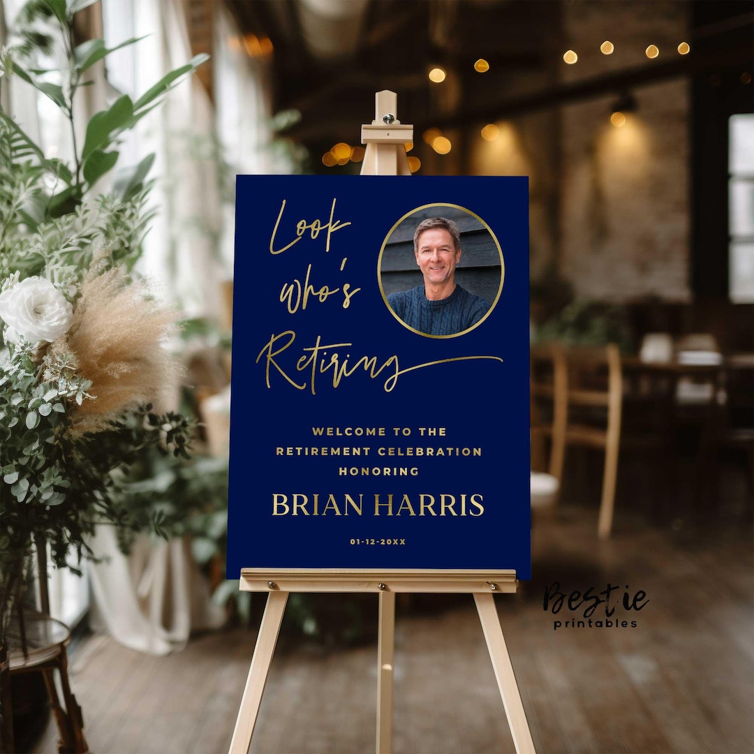 Navy Blue and Gold Retirement Sign, Male Retirement Party Decorations ...