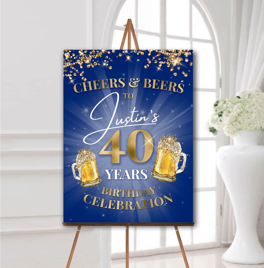 Cheers and Beers to 40 Years Sign 40th Birthday Decorations Blue and ...