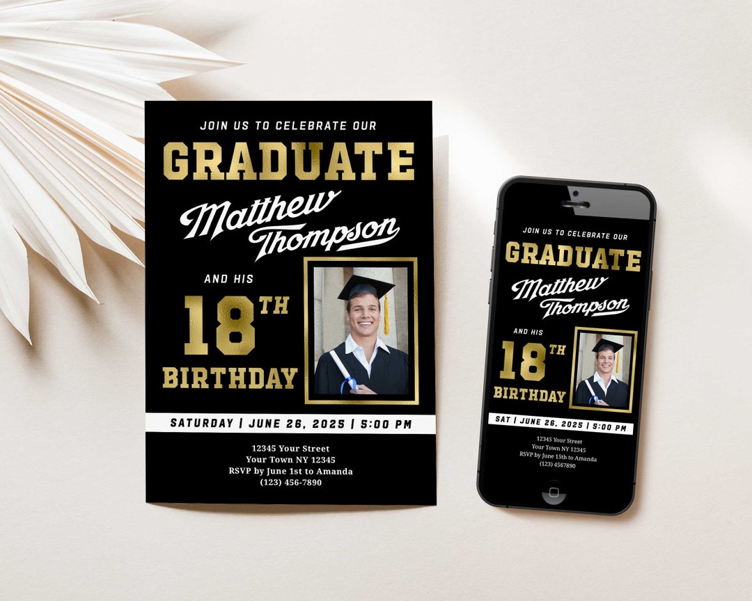 Boy Graduation and Birthday Invitation With Photo, 18th Birthday and ...
