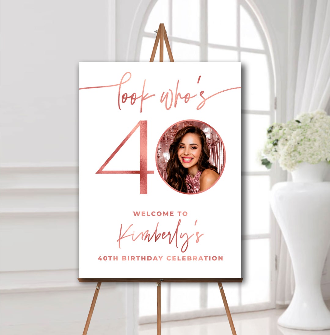 40th Birthday Welcome Poster Rose Gold, Look Whos Forty Welcome Sign ...
