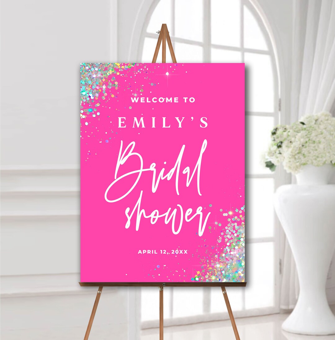 Pink Bridal Shower Welcome Sign, Hot Pink and Silver Glitter Foam Board ...