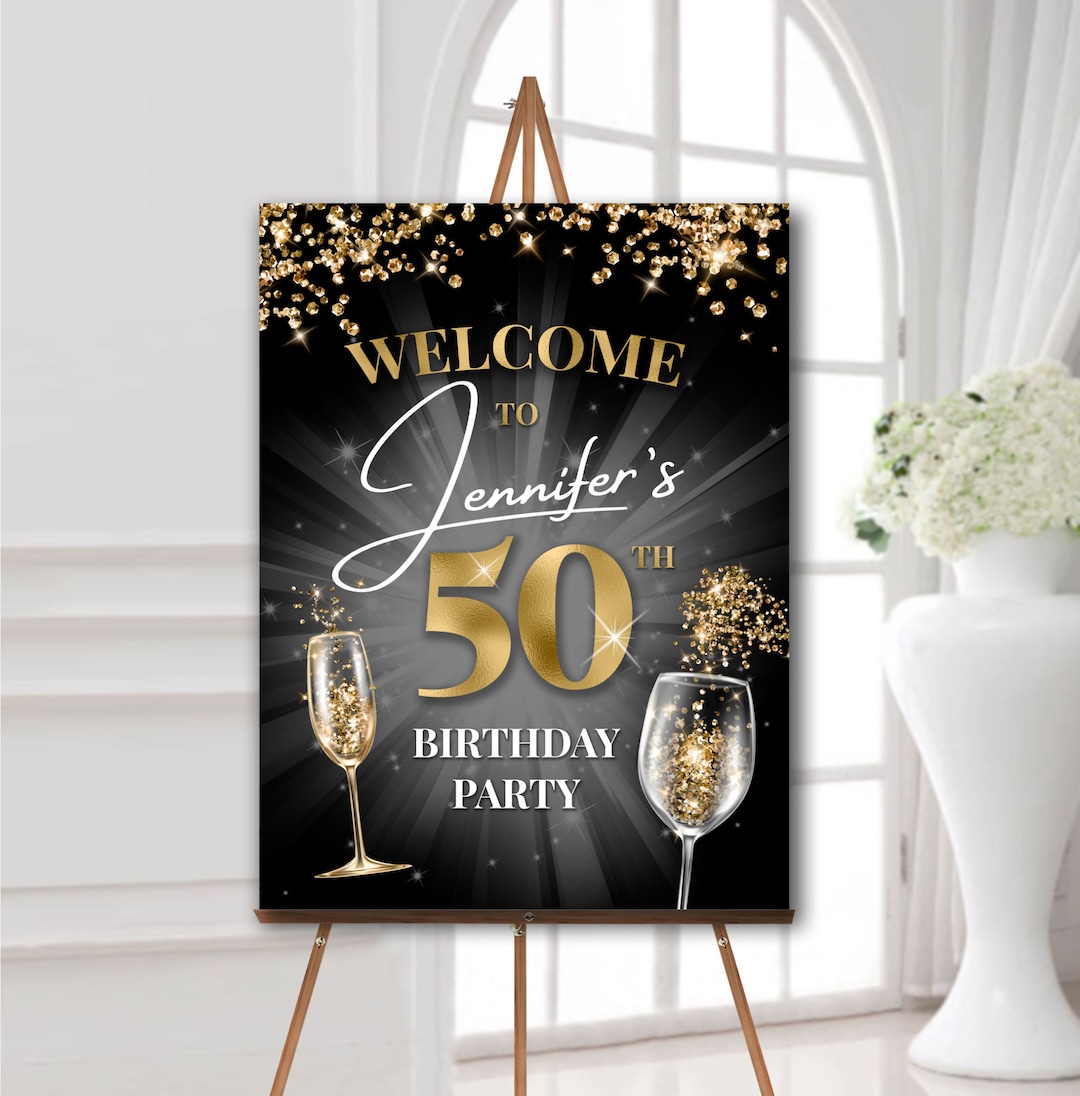 Milestone Birthday Party Welcome Sign, Black and Gold Confetti, 50th ...