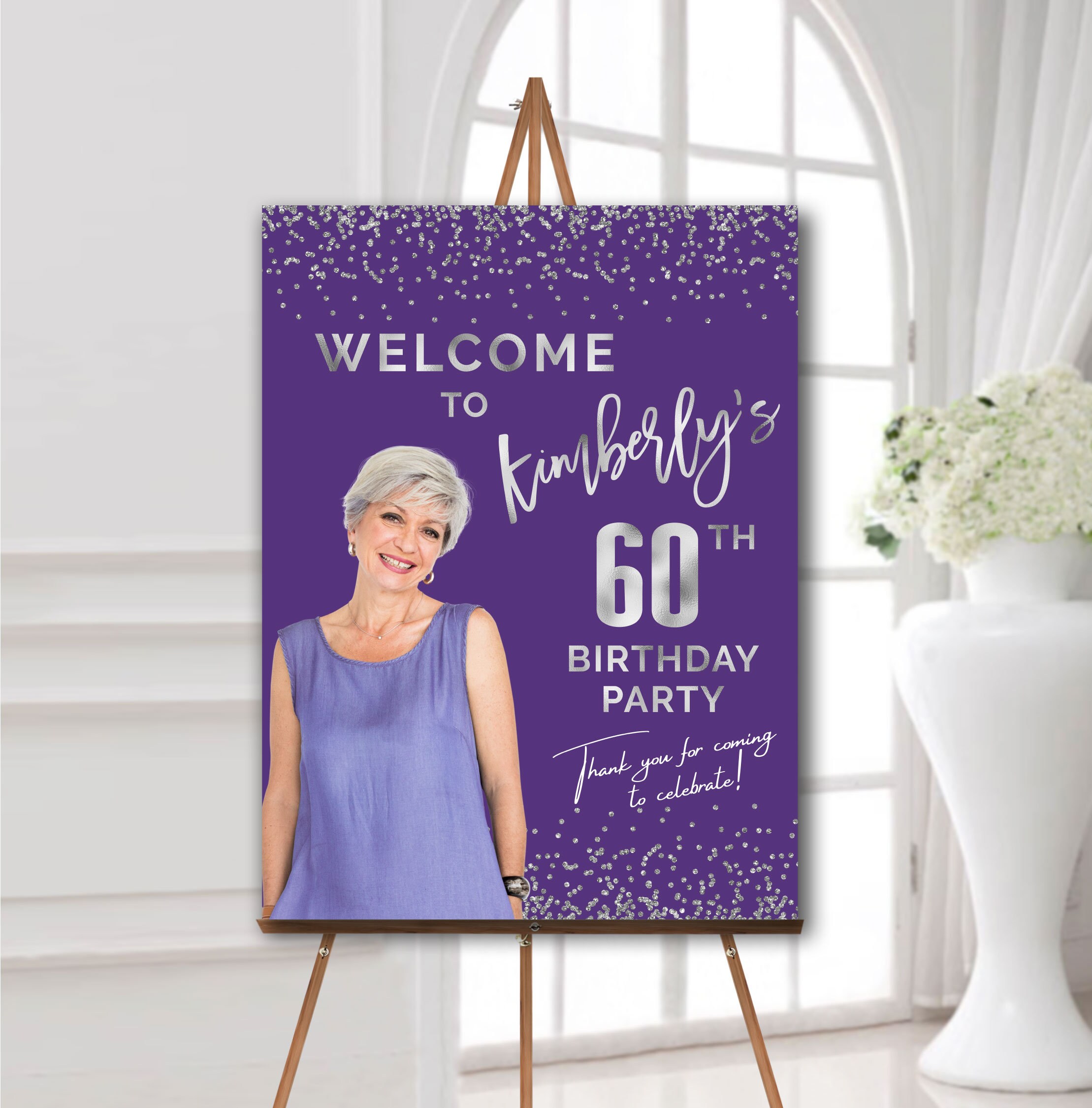 Purple 60th Birthday Welcome Sign With Photo, Birthday Foam Board ...