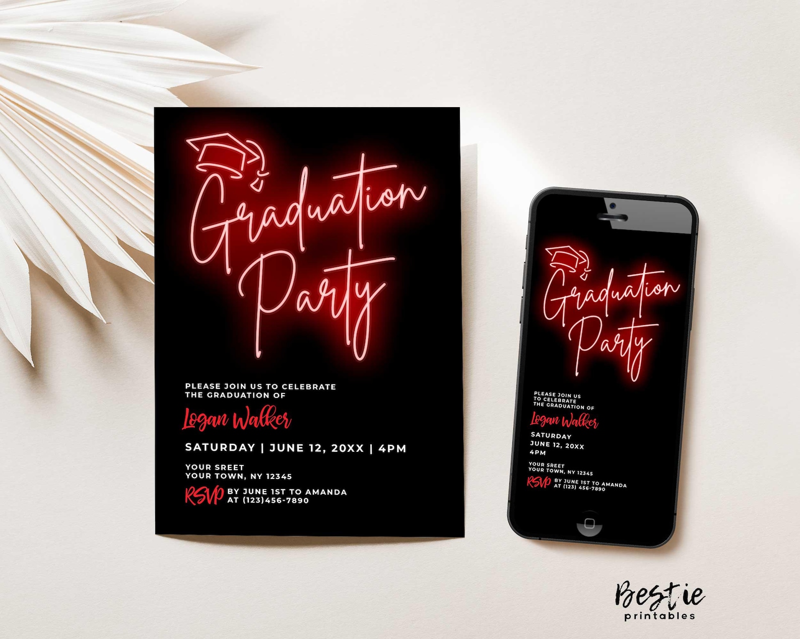 Red Graduation Party Invitation, Red Neon Light Invitation, Graduation ...