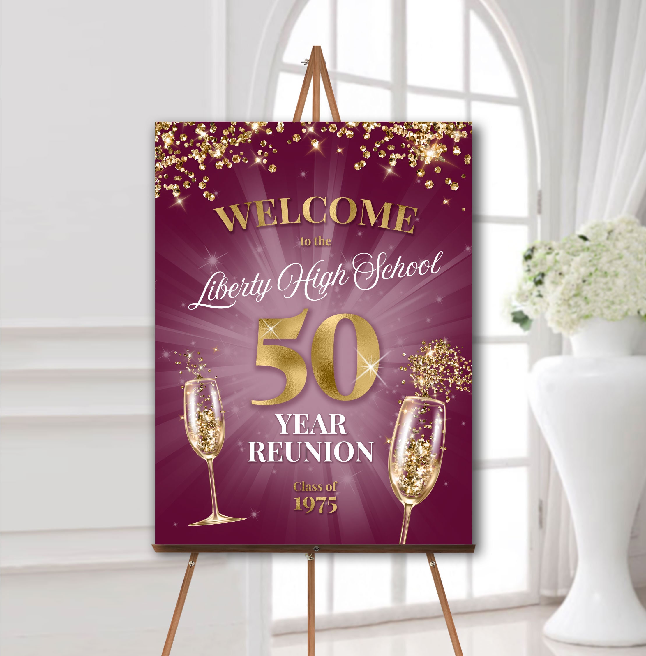 Class Reunion Welcome Sign Maroon Burgundy Gold, 50th Year High School ...