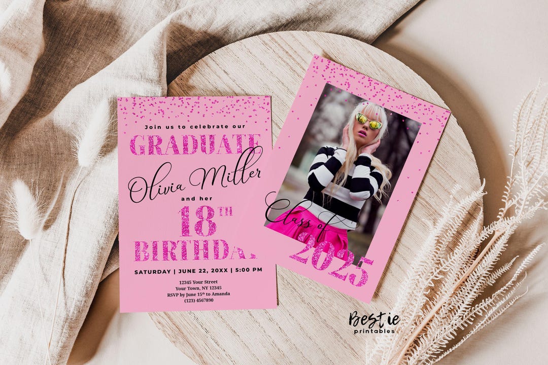 Pink Graduation and Birthday Invitation, 18th Birthday and Graduation ...