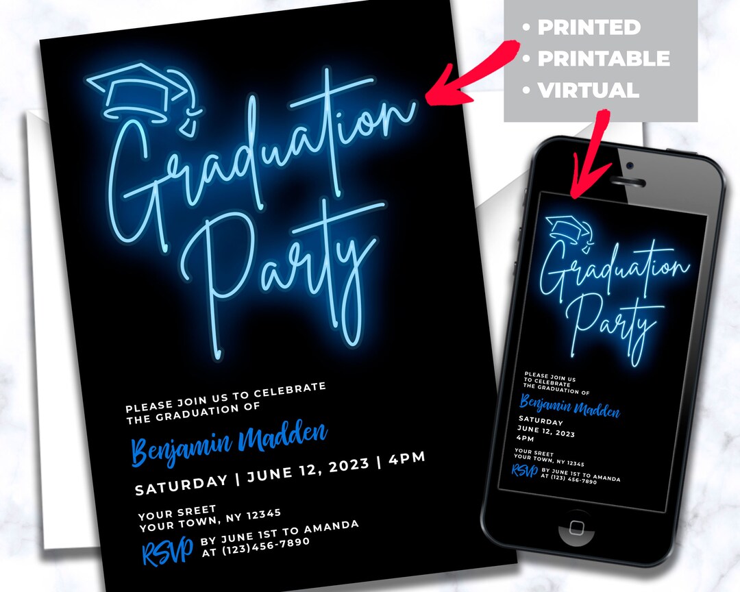 Graduation Party Invitation Blue Neon Light Invitation for Boy or Girl ...