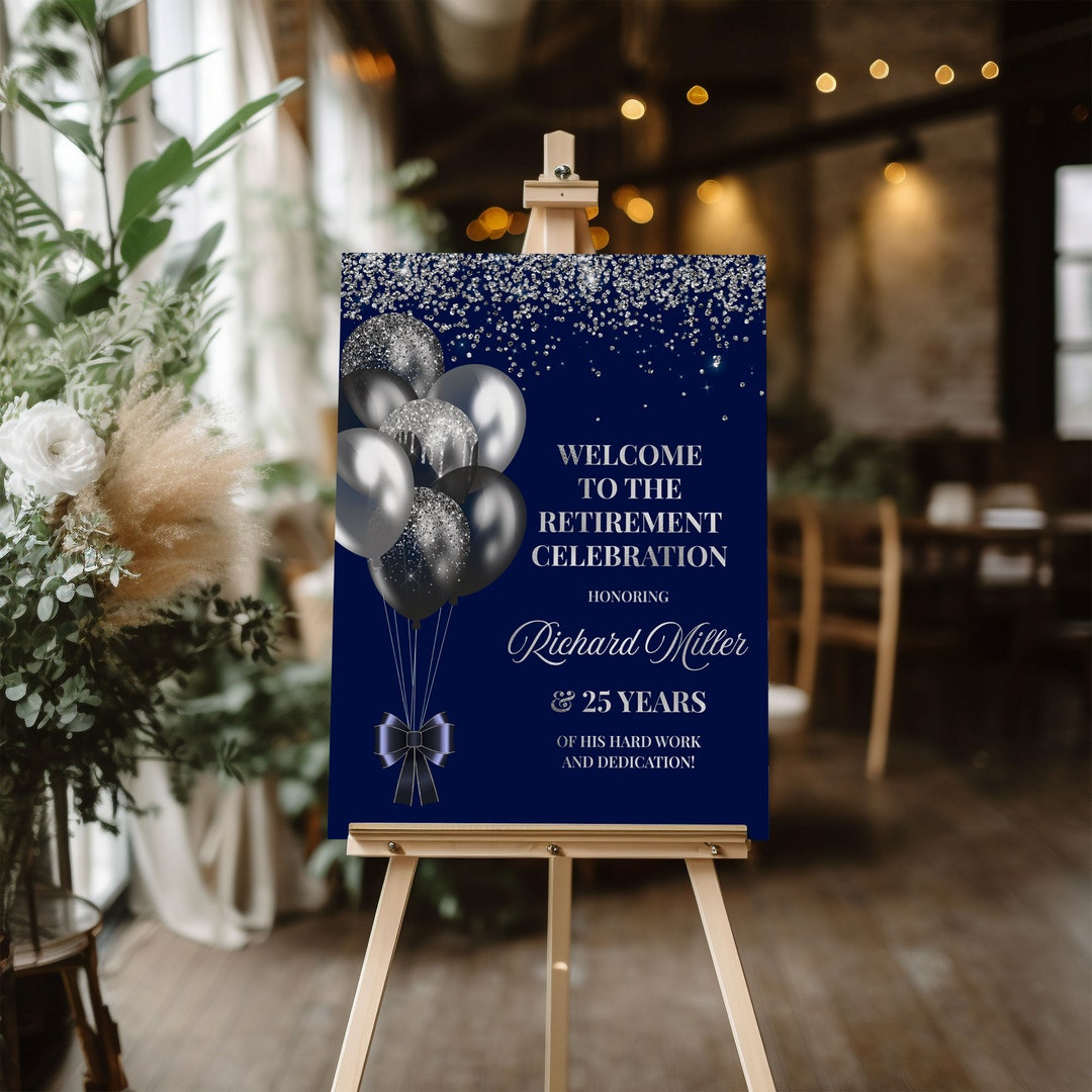 Navy and Silver Retirement Welcome Sign, Retirement Board, Retirement ...