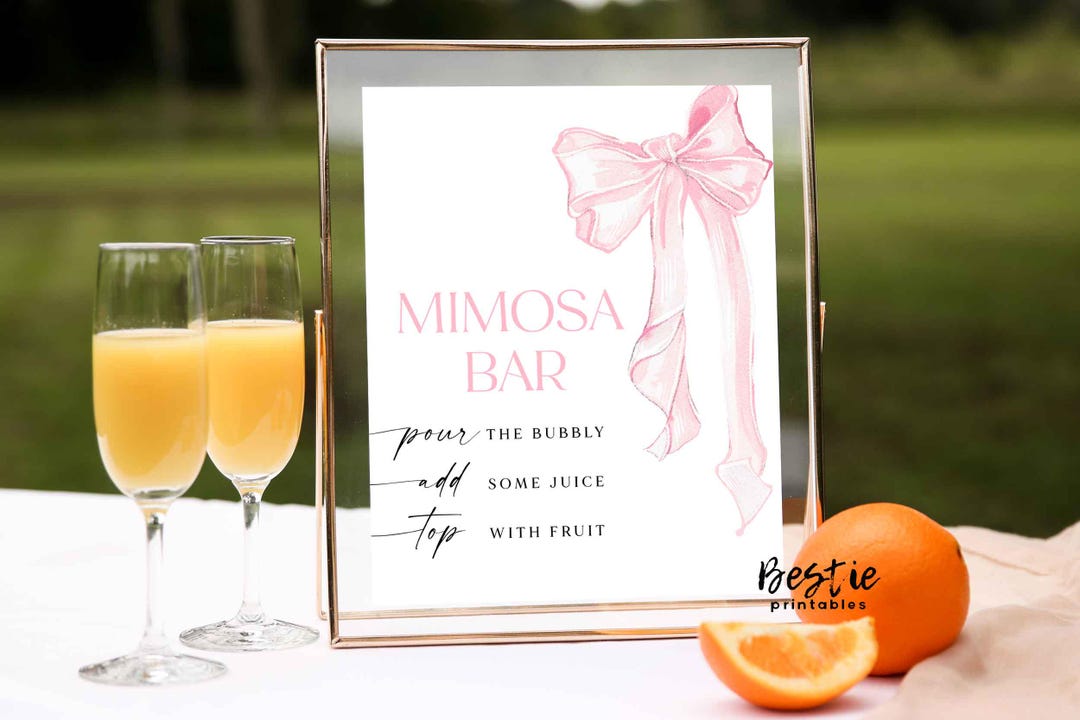Mimosa Sign, Bar Sign, Pink Bow Printable, Coquette Theme, Bridal ...