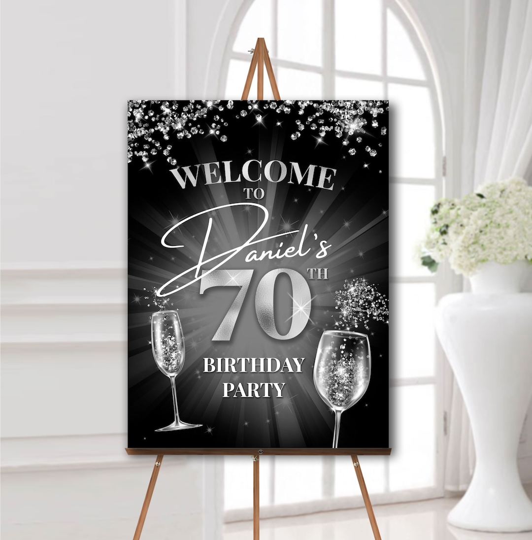 70th Birthday Party Welcome Sign Black and Silver Any Age 75th Birthday ...