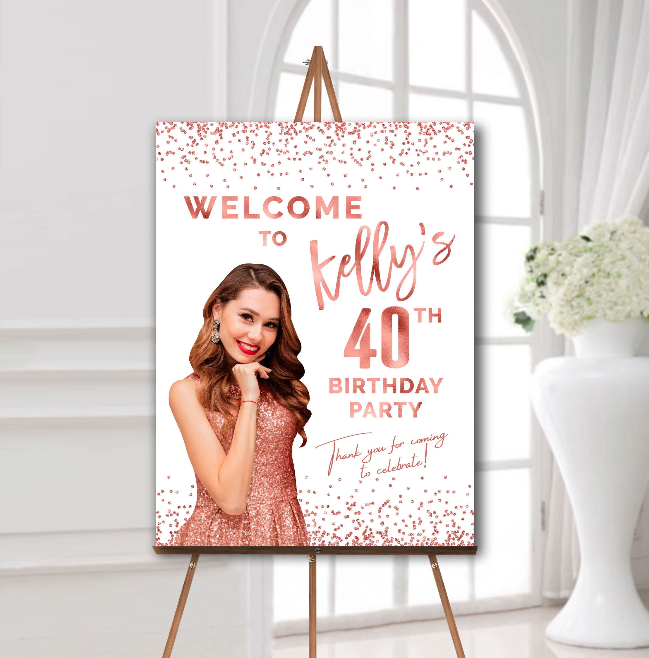 Personalized 40th Birthday Welcome Sign, Photo, Rose Gold Party Decor ...