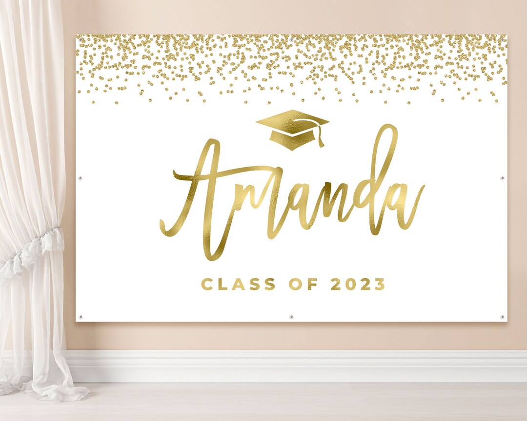 Graduation Backdrop Sign in White and Gold Graduation Party Decorations ...