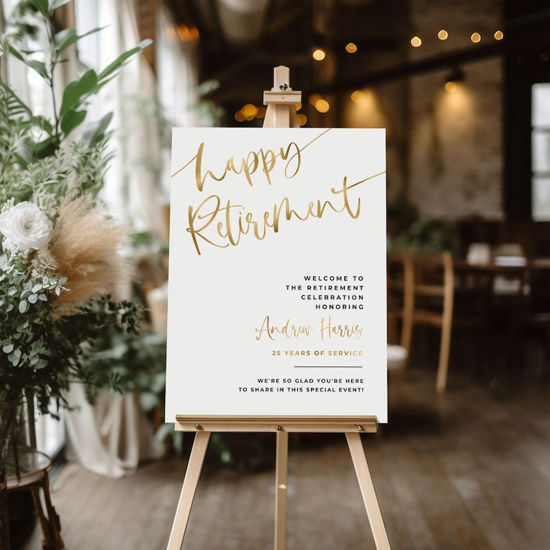 Modern Retirement Sign, Retirement Party Decorations White and Gold ...