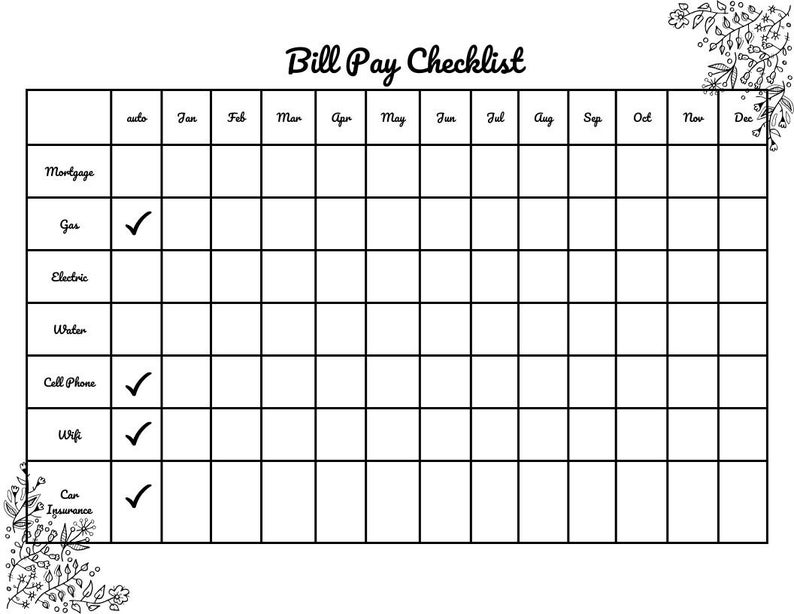 Editable Bill Pay Checklist Simple Floral - Etsy