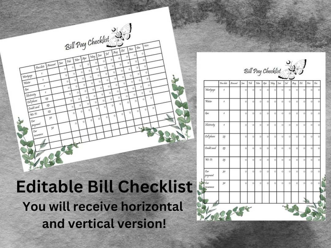 Editable Bill Pay Checklist With Moth and Greenery - Etsy