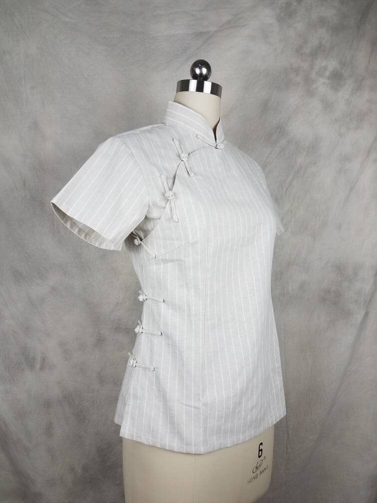 Cheongsam Top Mandarin Collar Beige Cotton Linen Striped Qipao Top With Side Frog Button Closure ...