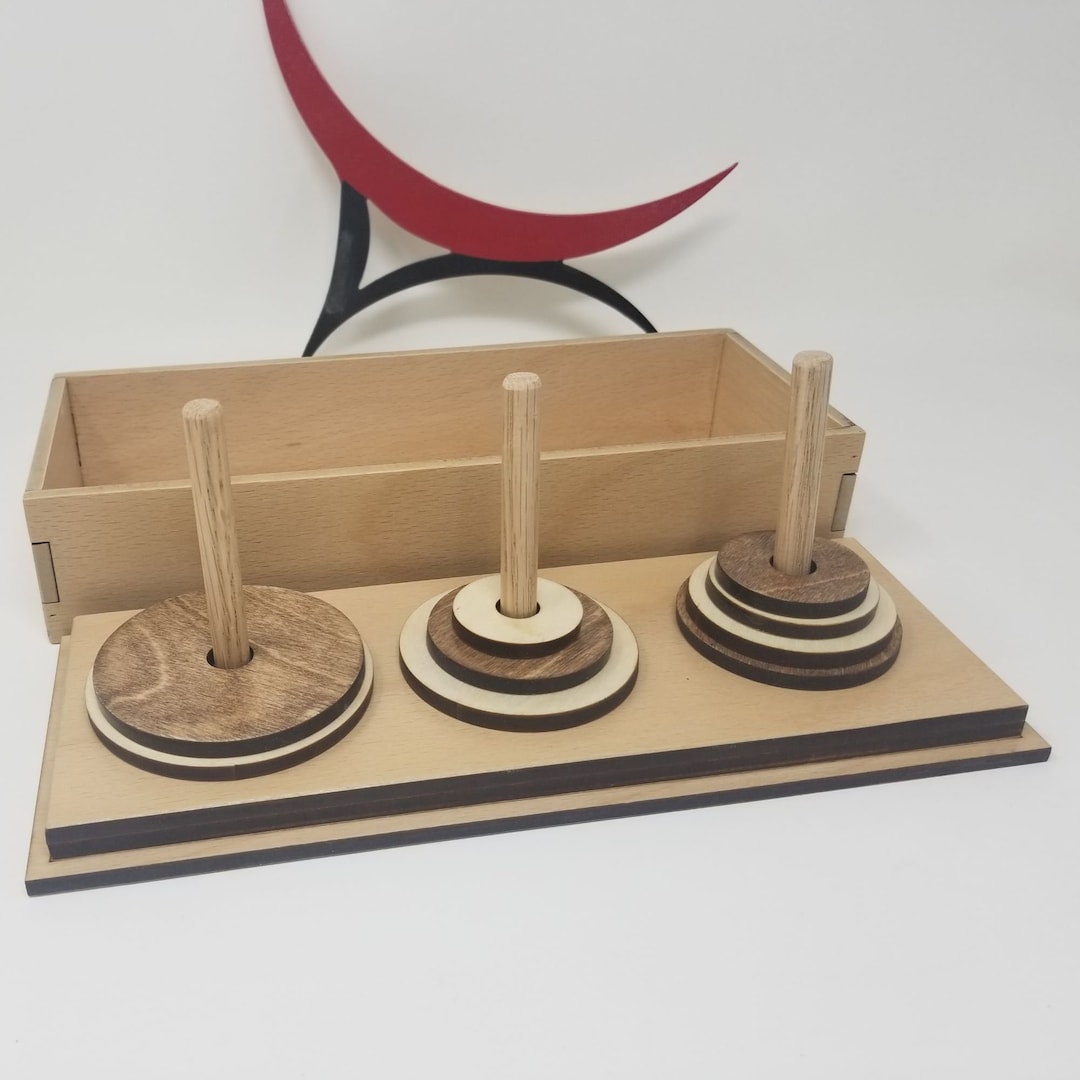 Wooden Hanoi Tower - Wooden Stacking Rings Puzzle - Brain Teaser ...