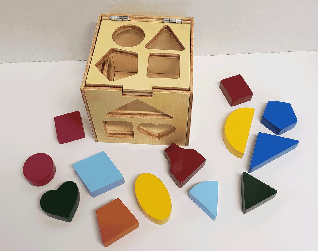 Montessori Wooden Geometric Shapes Sorting Cube - 13 Shapes, Color ...