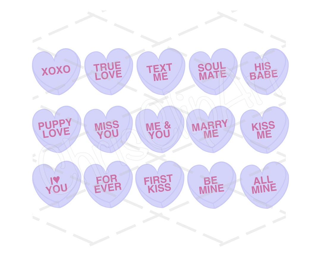 Purple Conversation Hearts SVG PNG JPG - Bundle of 15 Phrases - Candy ...