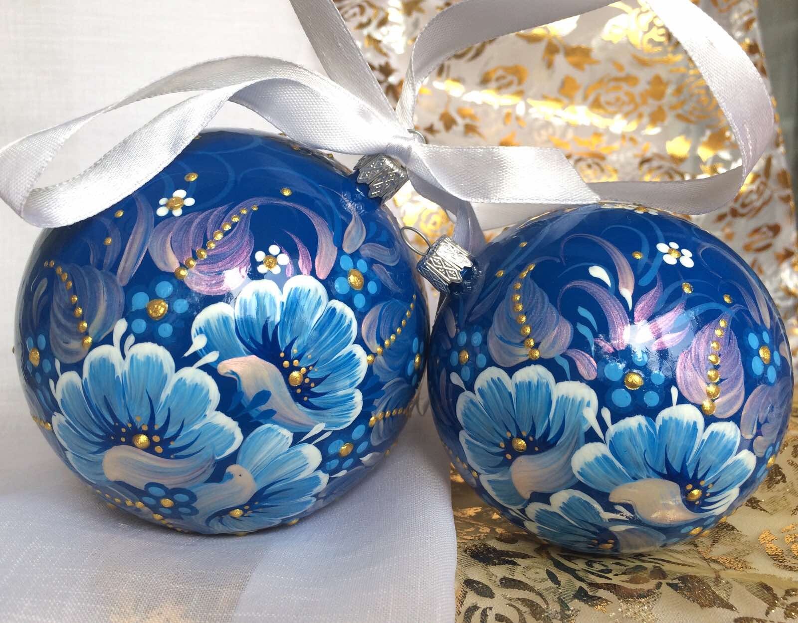 Christmas Ornament Blue Tree baubles ball Poppy floral Holiday | Etsy