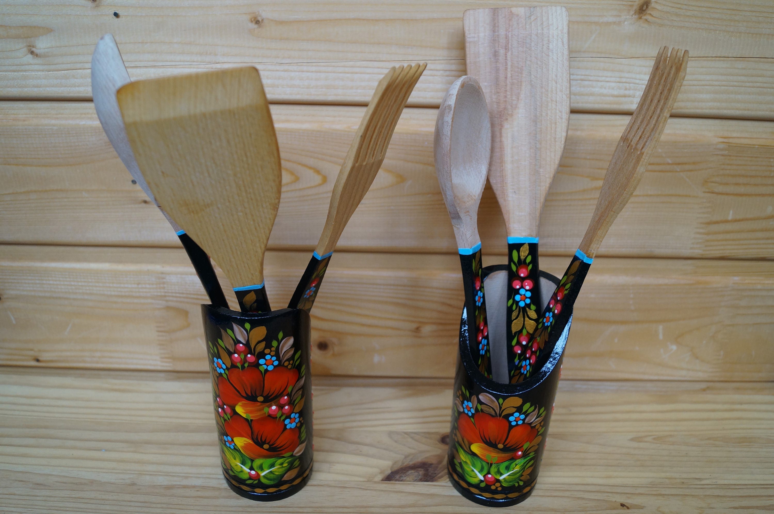 Hand Painted Cutlery Set Wooden Spatula Fork & Spoon - Etsy