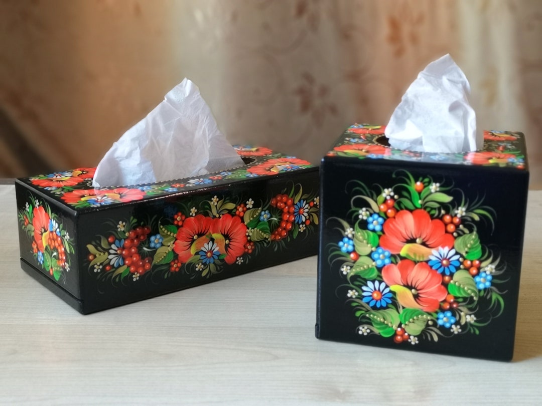 Tissue Box Cover Wood Large Rectangular Hand Painted Wooden - Etsy