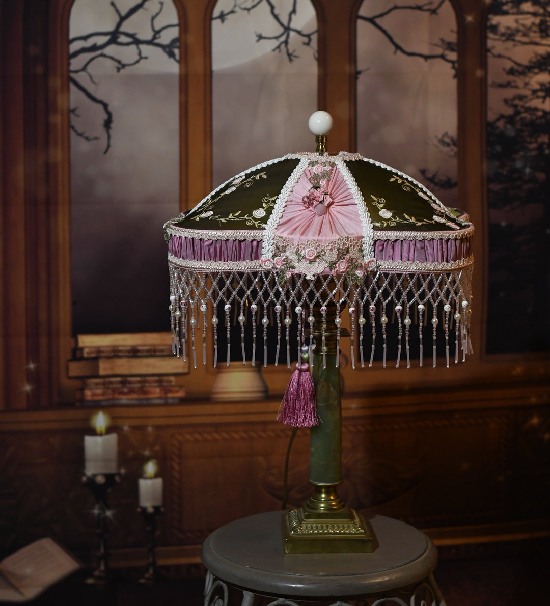 Victorian Lampshade PERLE DE ROSE, Cottagecare Lamp With Beaded Fringe ...