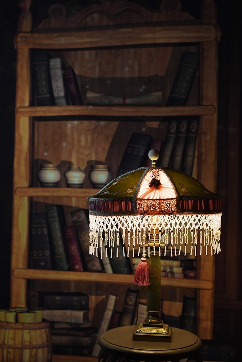 Victorian Lampshade PERLE DE ROSE, Cottagecare Lamp With Beaded Fringe ...