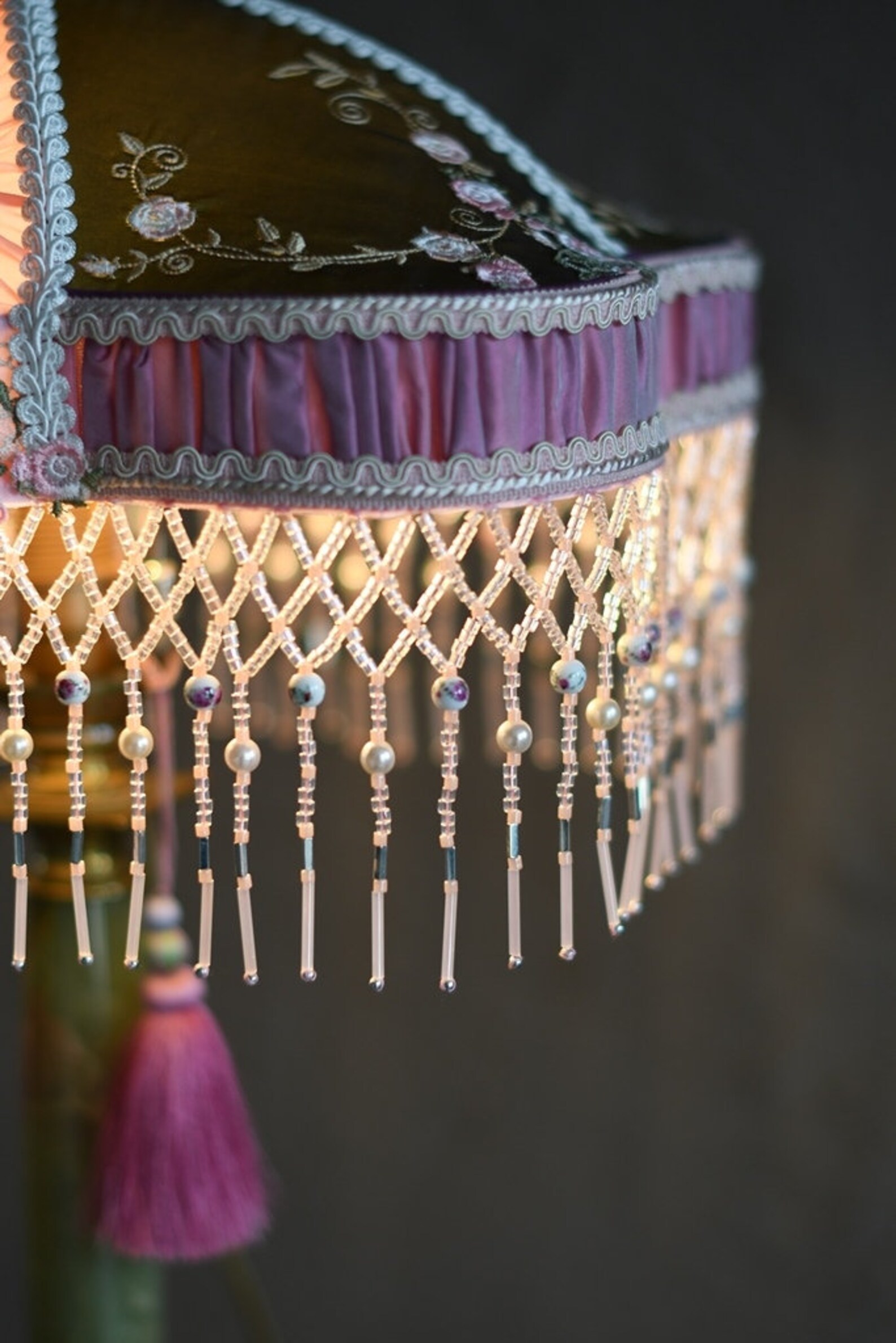 Victorian Lampshade PERLE DE ROSE, Cottagecare Lamp With Beaded Fringe ...