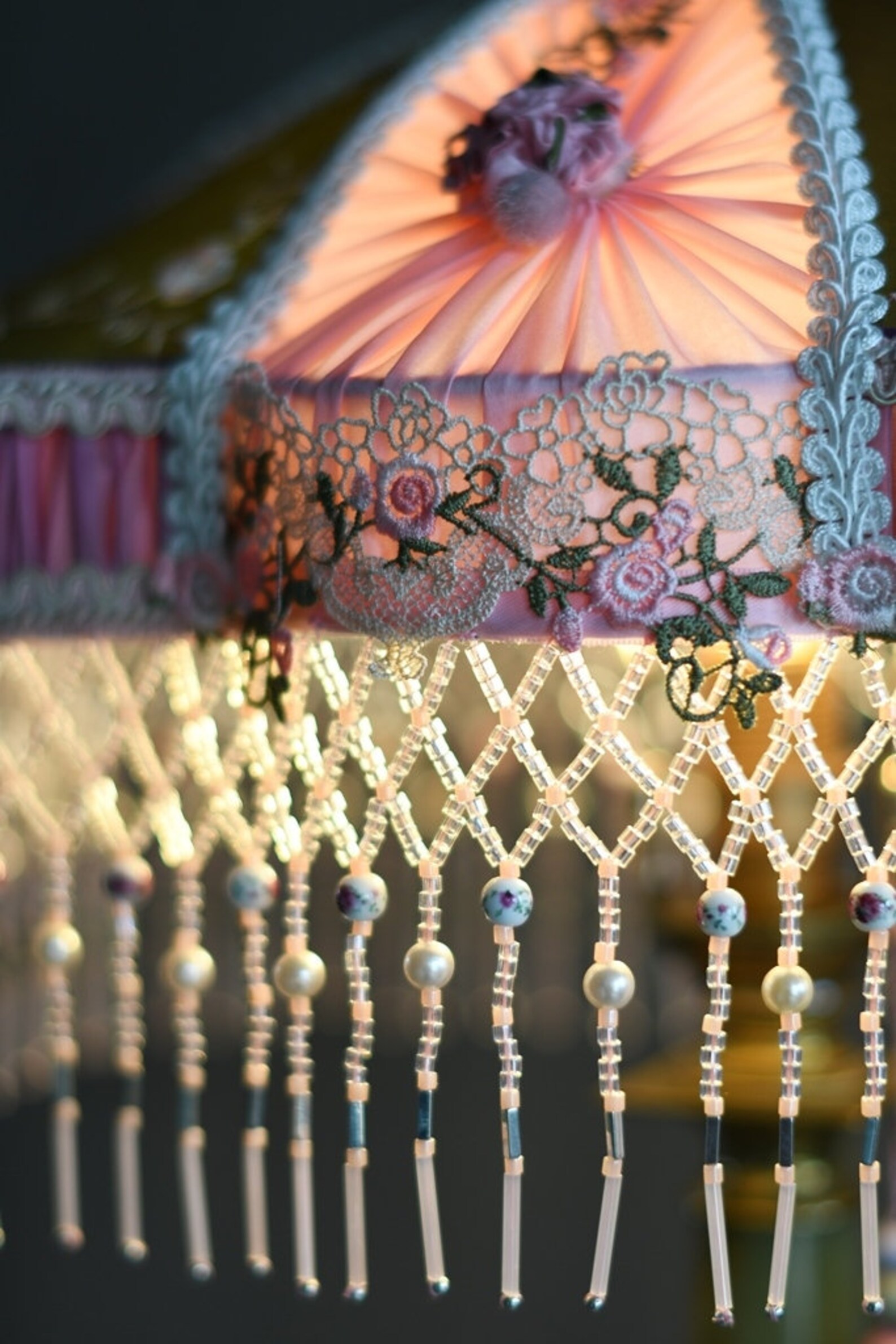 Victorian Lampshade PERLE DE ROSE, Cottagecare Lamp With Beaded Fringe ...