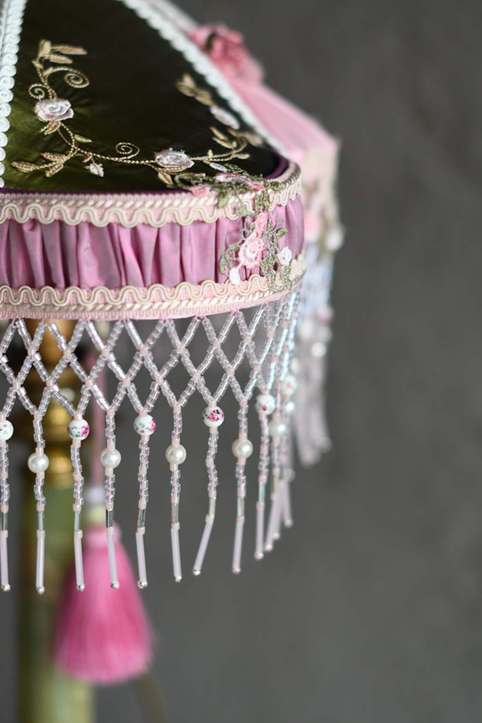Victorian Lampshade PERLE DE ROSE, Cottagecare Lamp With Beaded Fringe ...