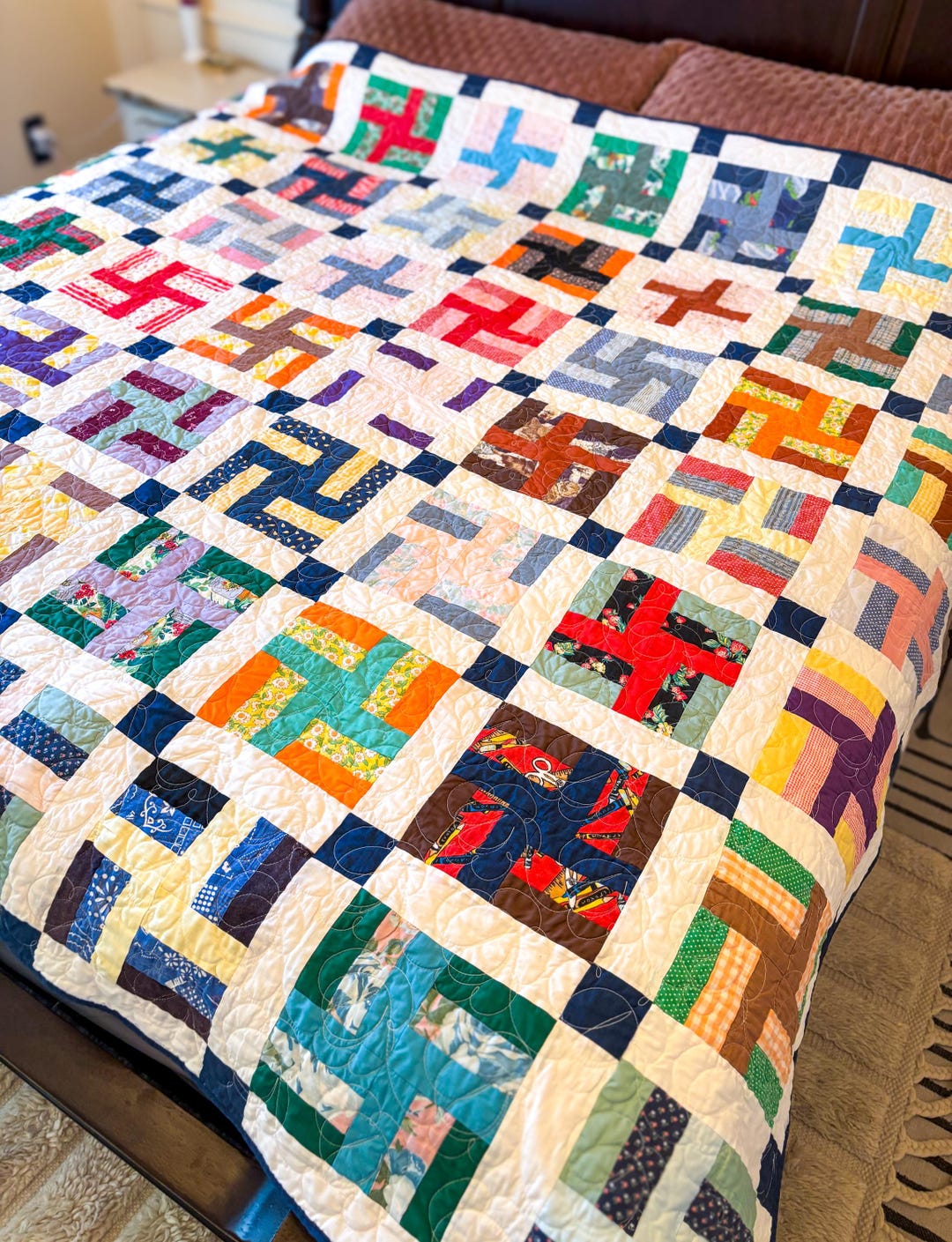 Vintage Handmade Strip Twist Patchwork Quilt – 76” X 88” – Scrappy ...