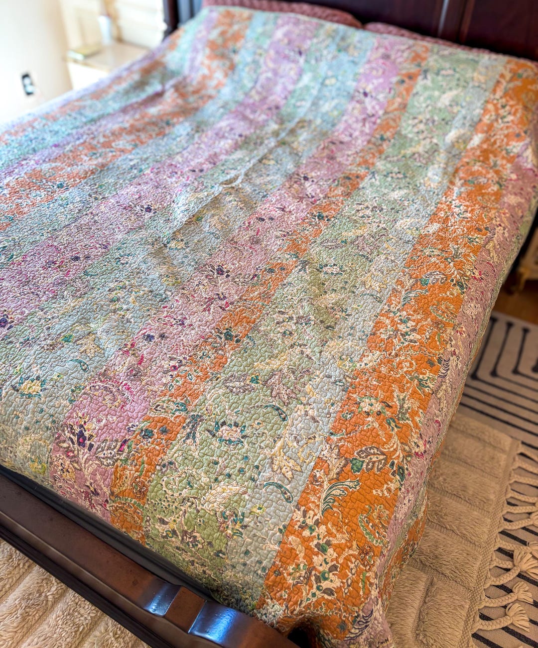 Vintage Floral Block Print Quilt 95x89, Reversible Boho Quilt in Pastel ...