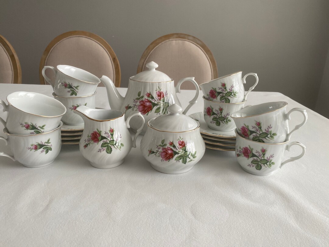 Rose Print Tea Set / Floral Teapot / Sugar and Creamer / Teacup and ...