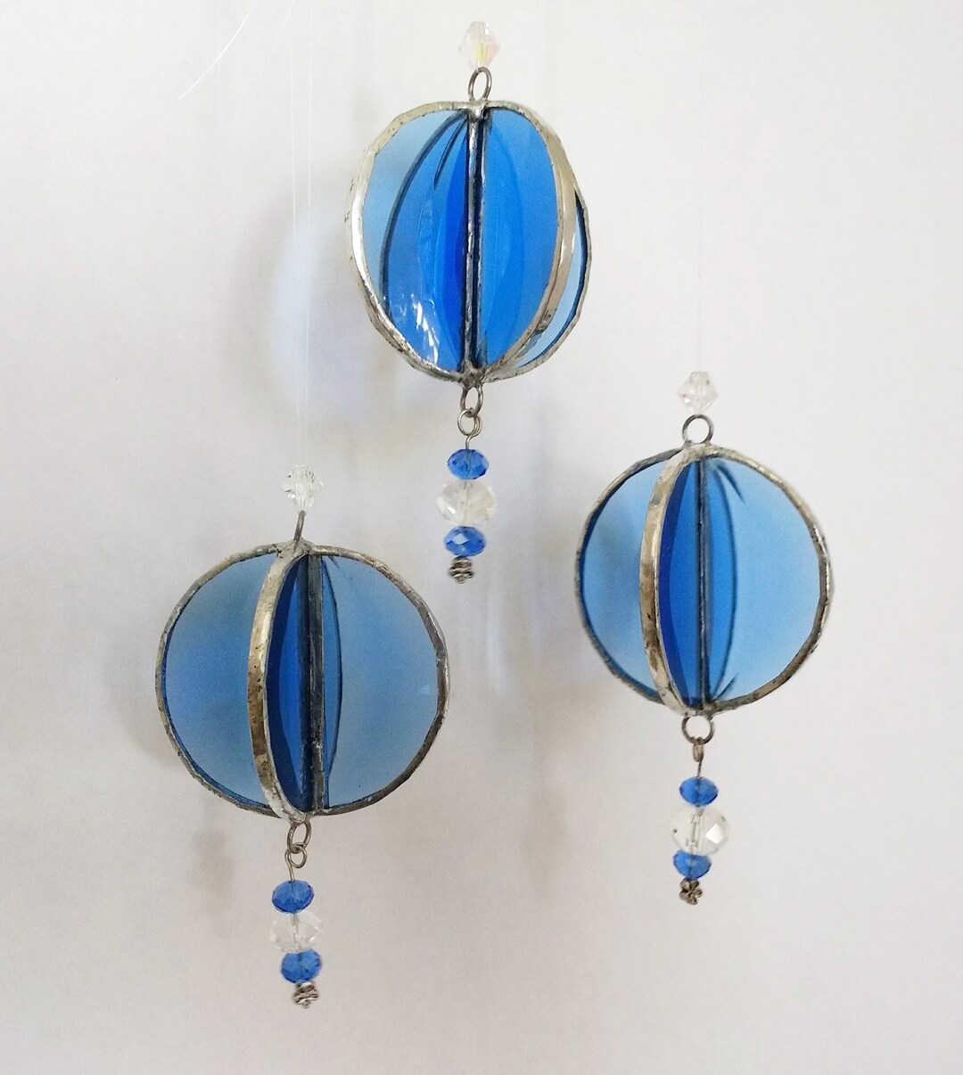 3 Stained Glass Blue Twirling Suncatchers, 4 Sided Blue or Clear Bevel ...