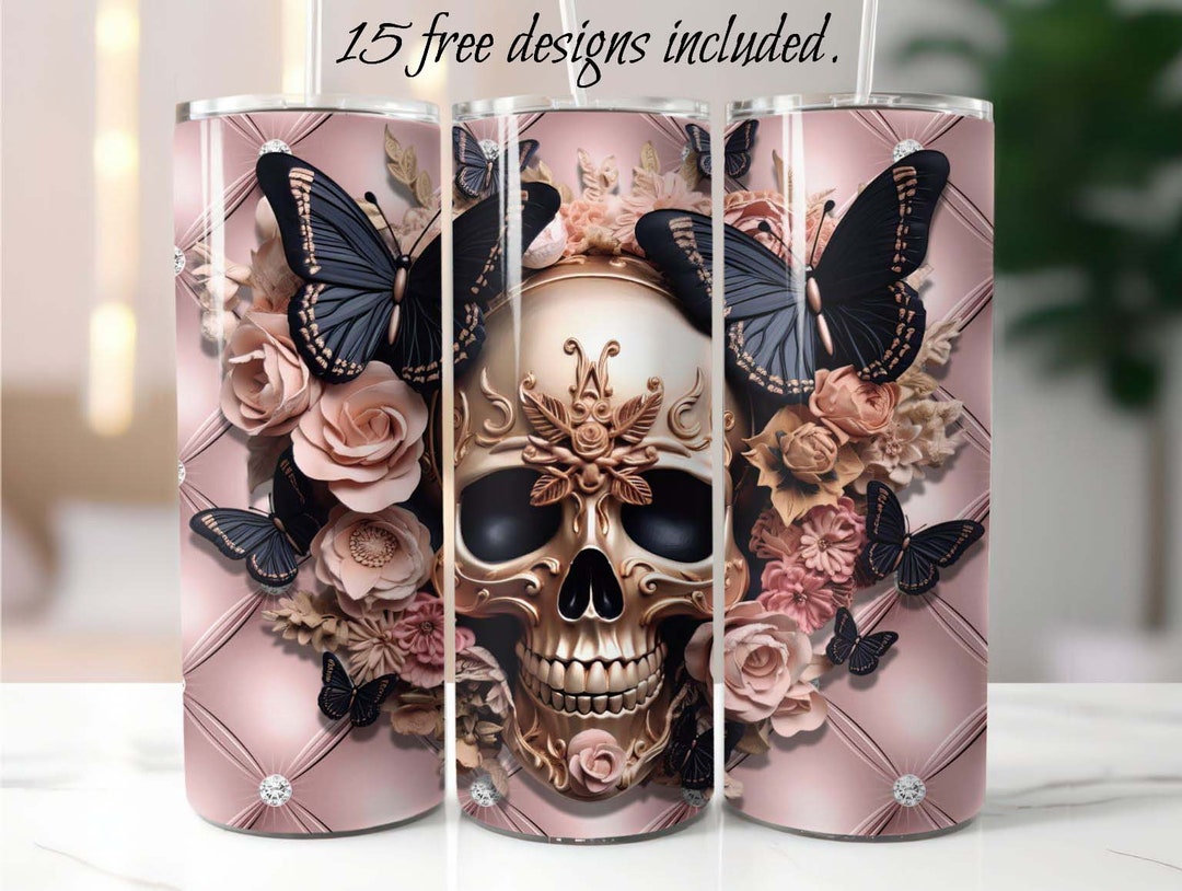 3D Rose Gold Skull 20 Oz Skinny Tumbler Sublimation Design Digital ...
