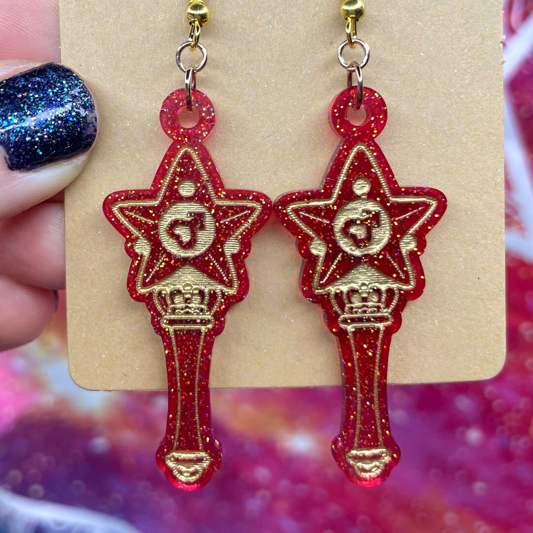Sailor Mars Transformation Wand Red and 18k Gold Earrings With Rose ...