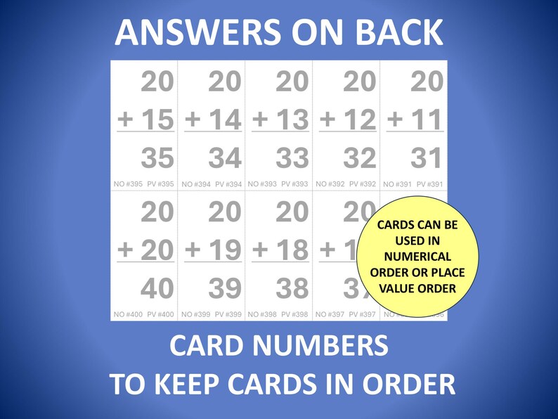 Printable Math Addition Flashcards 1-20 Fact Cards - Etsy