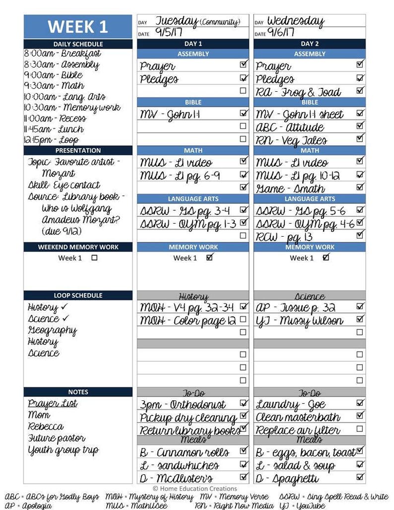 Classical Home Education Planner (for CC) - With Memory Work Review ...