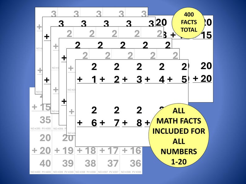 Printable Math Addition Flashcards 1-20 Fact Cards - Etsy