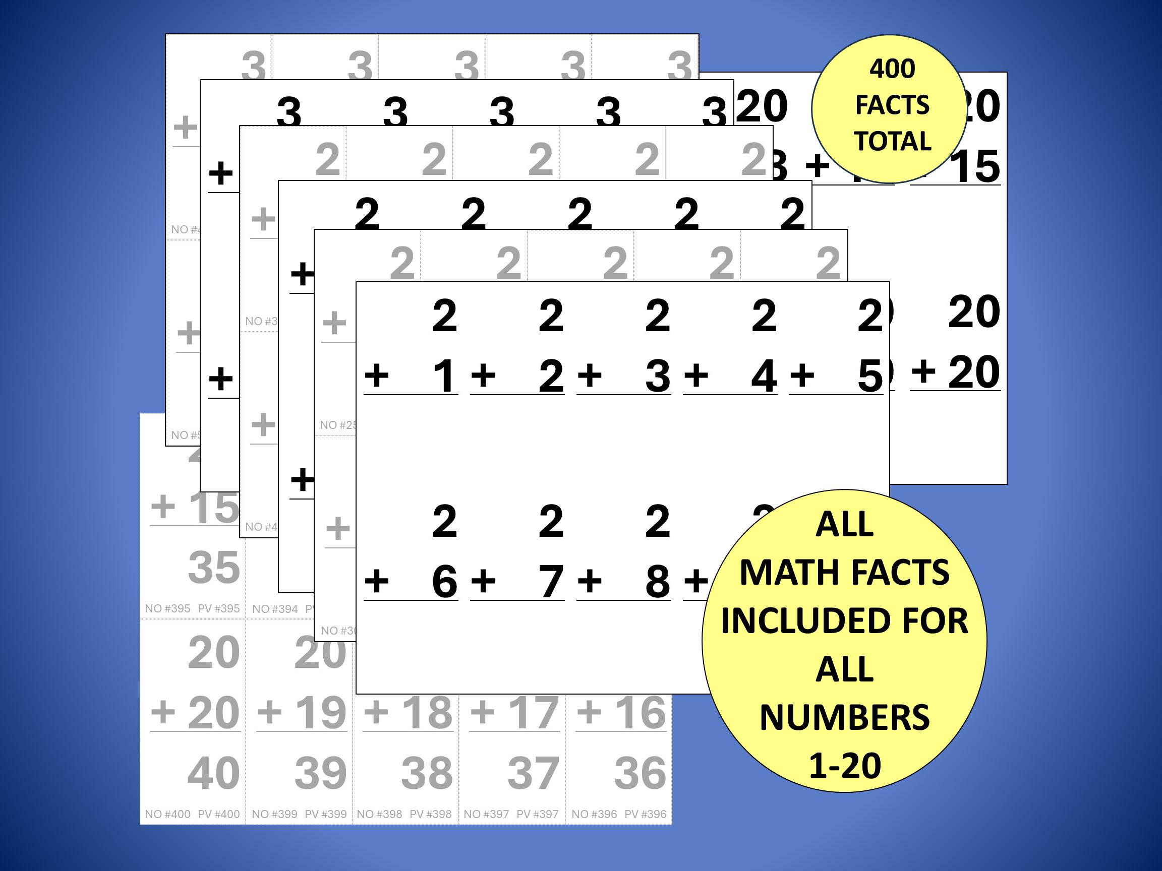 Printable Math Addition Flashcards 1-20 Fact Cards - Etsy
