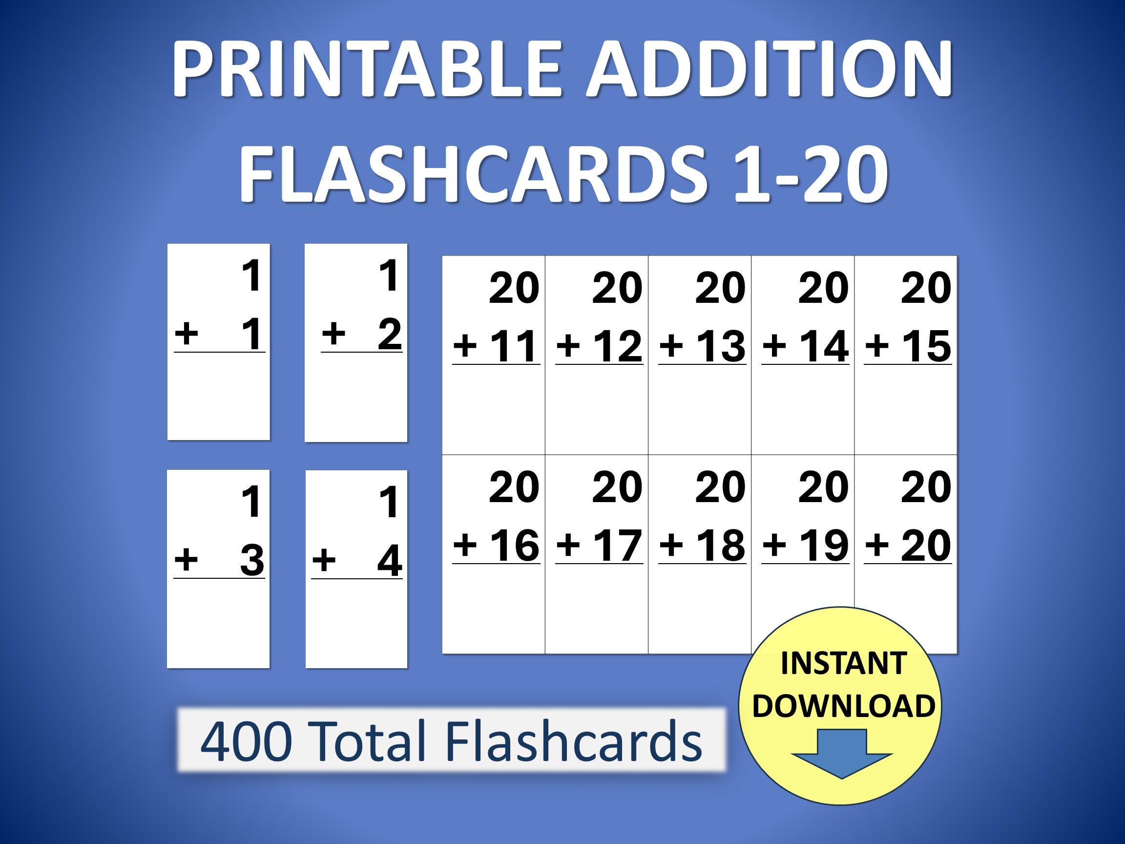 Printable Math Addition Flashcards 1-20 Fact Cards - Etsy