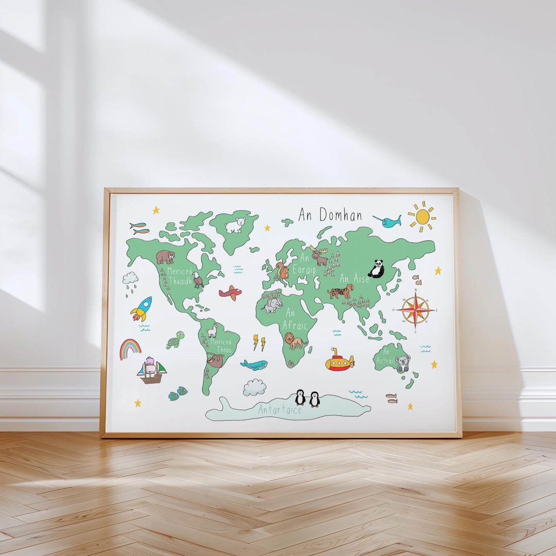 An Domhan | Irish Nursery Print | World Map as Gaeilge - Etsy