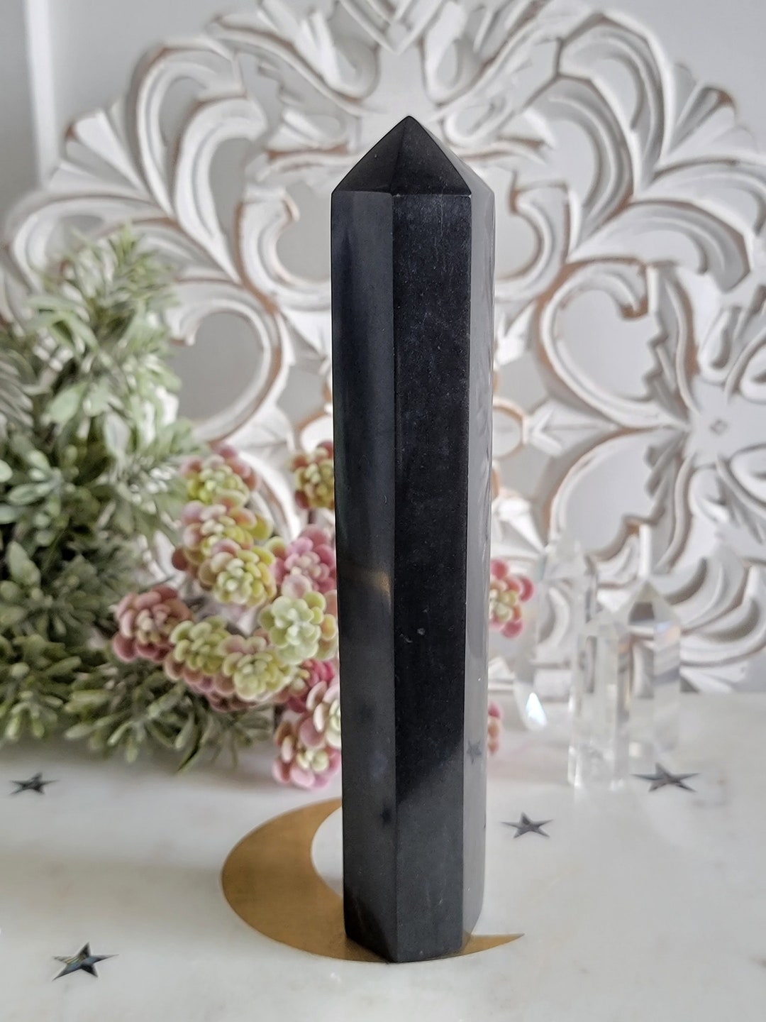 Back in Black Tourmaline Carved Tower Carving Crystal Decor Display ...