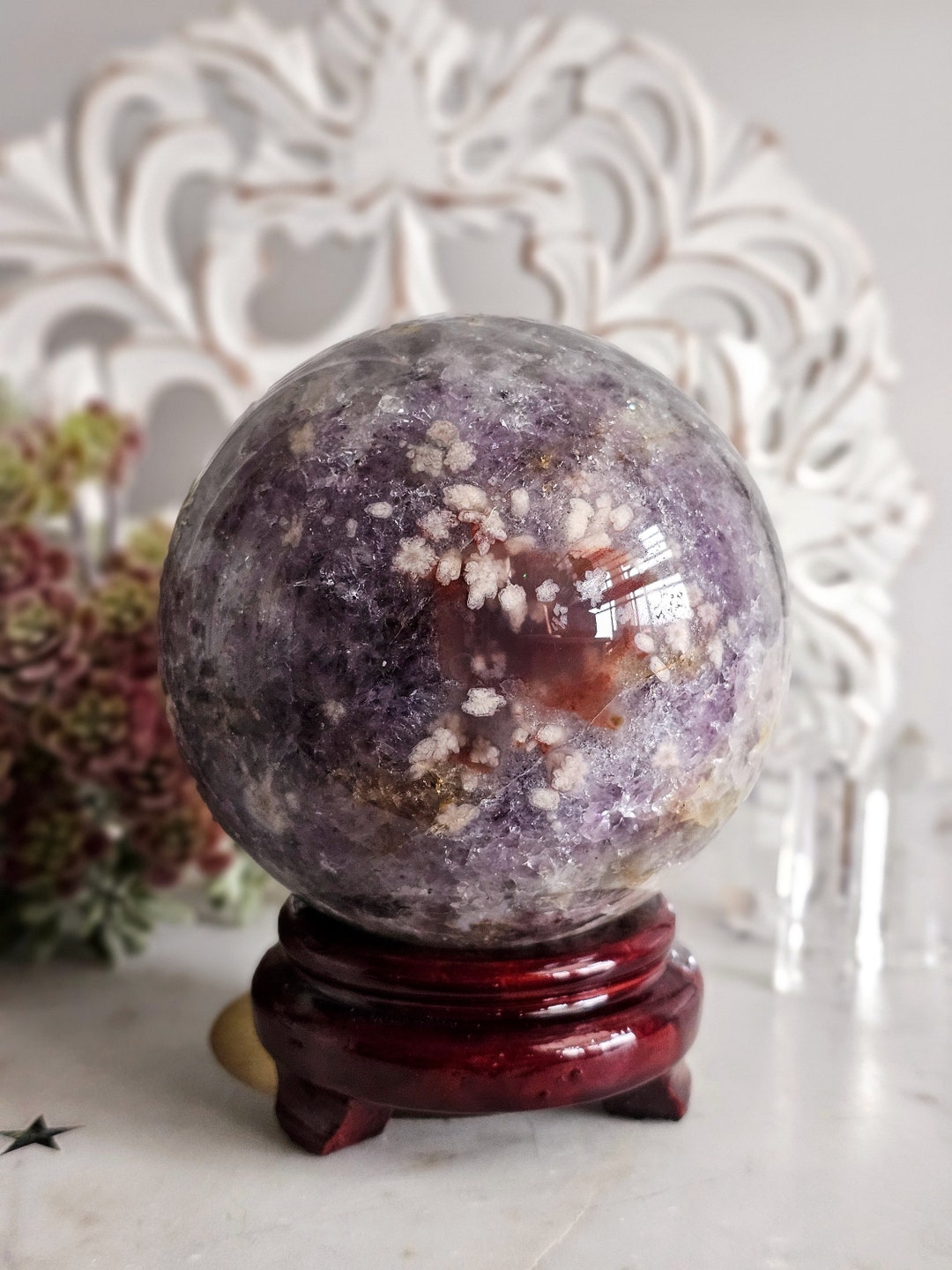 Glitter Gala Flower Agate Amethyst Blue Agate Carved Sphere Carving ...