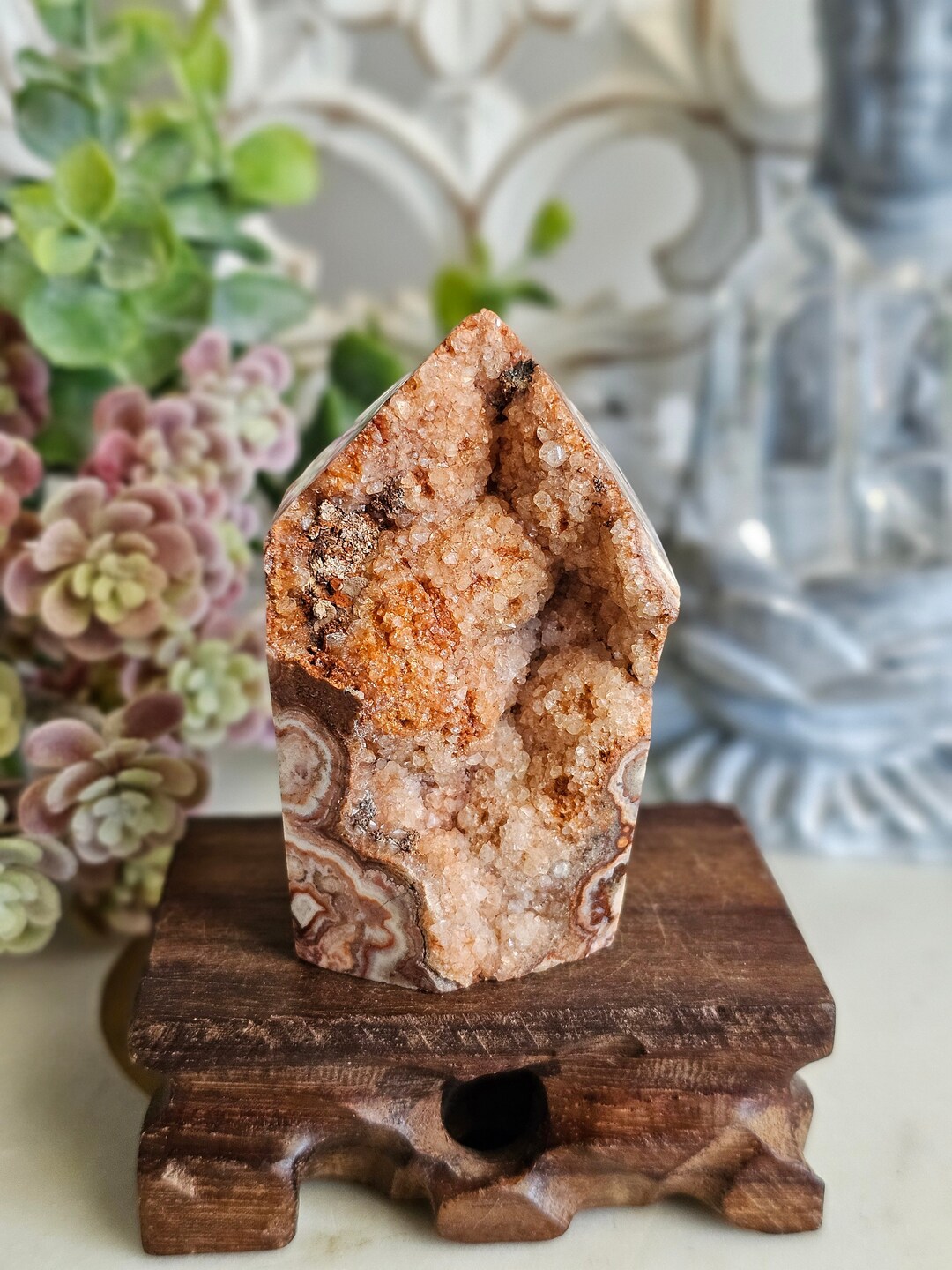 All the Druze 6 Six Sided Polished Druzy Pink Lace Banded Indonesian ...
